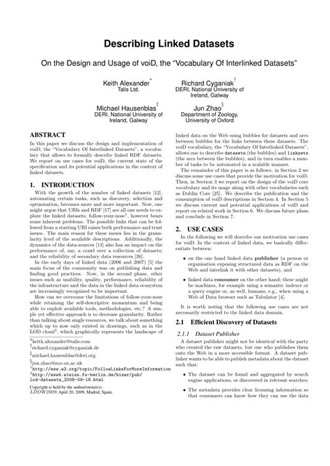 Pdf Describing Linked Datasets On The Design And Usage Of Void The