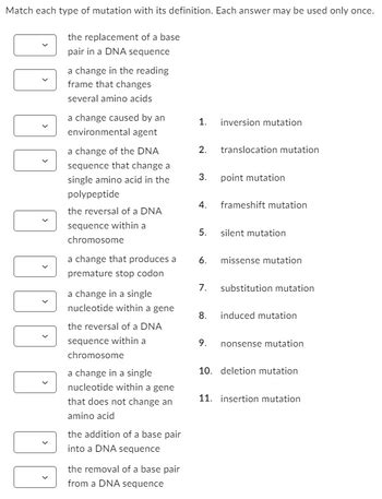 Answered Match Each Type Of Mutation With Its Definition Each Answer May Be Used Only Once