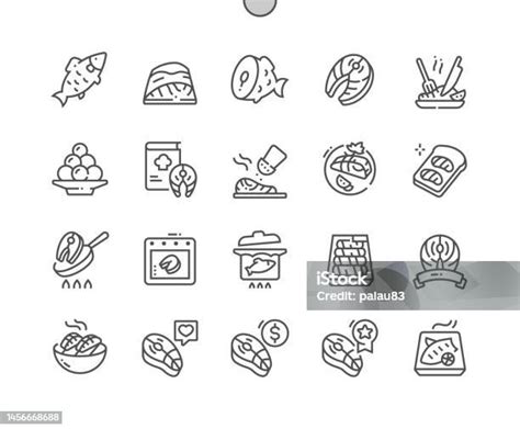 연어 물고기 해산물 요리 조리법 및 가격 카페 메뉴 식품점 슈퍼마켓 픽셀 완벽한 벡터 얇은 선 아이콘입니다 간단한 최소 픽토그램 단일 이미지에 대한 스톡 벡터 아트 및 기타