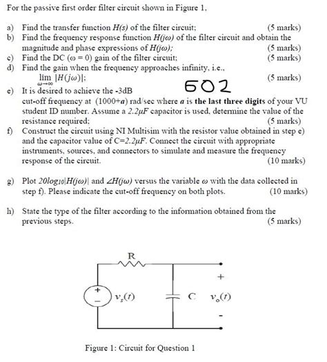 Solved For The Passive First Order Filter Circuit Shown In Chegg
