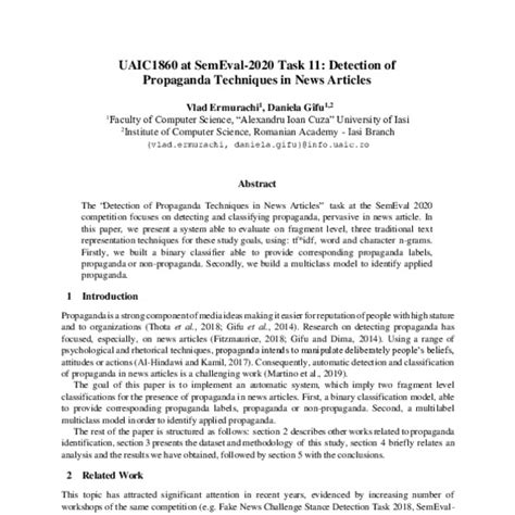 Uaic1860 At Semeval 2020 Task 11 Detection Of Propaganda Techniques In News Articles Acl