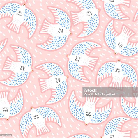 스칸디나비아 스타일의 새와 원활한 패턴 크리에이티브 핑크 버드 텍스처 직물 섬유 벡터 일러스트에 적합 가리기에 대한 스톡 벡터