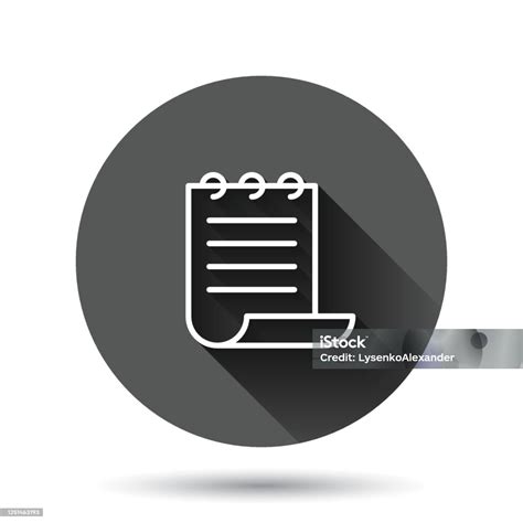 평면 스타일의 문서 노트 아이콘입니다 긴 그림자 효과와 검은 둥근 배경에 종이 시트 벡터 그림 메모장 문서 서클 버튼 비즈니스 개념입니다 0명에 대한 스톡 벡터 아트 및