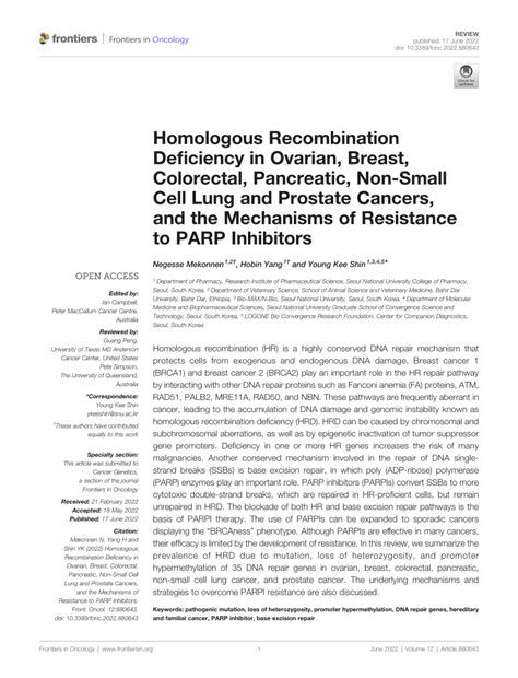 Pdf Homologous Recombination Deficiency In Ovarian Breast