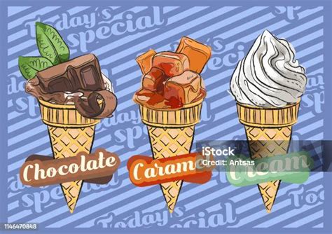 초콜릿 아이스크림 카라멜 아이스크림 벡터 일러스트 레이 션의 맛 있는 아이스크림 콘 손으로 그린 디자인 갈색에 대한 스톡 벡터