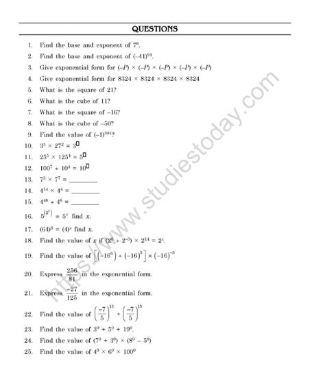 Cbse Class 7 Mental Maths Exponents And Powers Worksheet