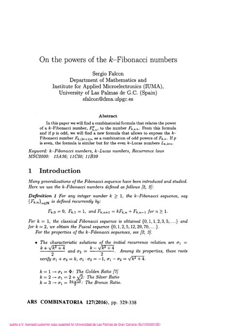 Pdf On The Powers Of The K Fibonacci Numbers