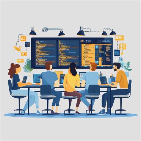 Team Collaborating On Software Development In Modern Office With Laptops And Code On Large