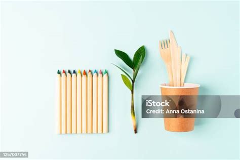 공예 종이 커피 컵 연필 녹색 잎 새싹및 재활용 칼톱 보기 플랫 레이 제로 폐기물 친환경 천연 유기 플라스틱 무료 개념 복사 공간으로 생분해성 지구 0에 대한 스톡 사진 및