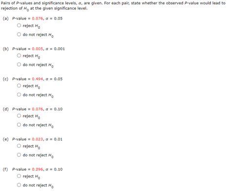 Solved Pairs Of P Values And Significance Levels A Are Chegg Com