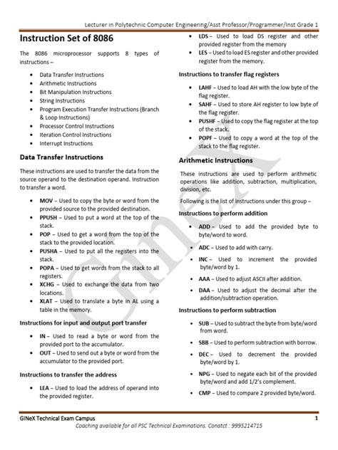 Instruction Set Of 8086 Data Transfer Instructions Arithmetic