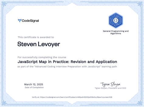 Course Certificate For Javascript Map In Practice Revision And Application Steven Levoyer