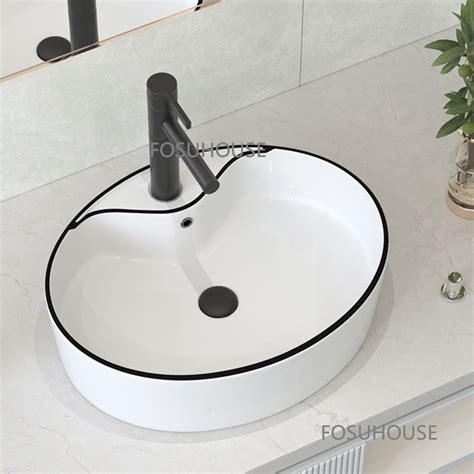 욕실 가구 세면대 무대 타원형 단일 발코니 세면대 세라믹 세면대 단일 가정용 욕실 싱크 그릇 Aliexpress