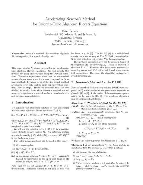Pdf Accelerating Newtons Method For Discrete Time Algebraic Riccati Equations