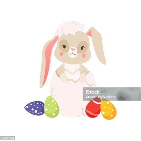 귀여운 만화 토끼 금이 부활절 달걀 껍질 재미 있는 토끼 캐릭터 행복 한 부활절 개념 만화 벡터 일러스트 레이 션에 앉아 0명에 대한 스톡 벡터 아트 및 기타 이미지