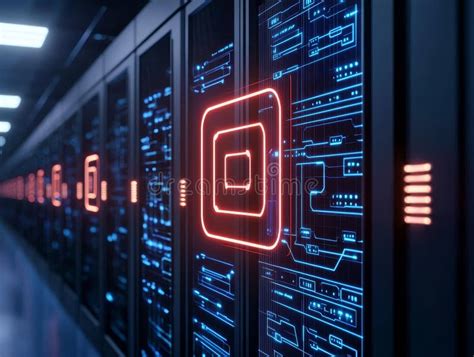 Modern Data Center With Illuminated Server Racks And Advanced Computing Technology Stock