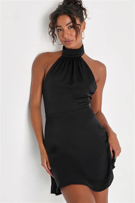 Black Mini Dress Satin Mini Dress Halter Cocktail Dress Lulus