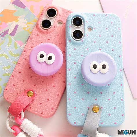 Jual Polkadot Big Eyes Leather Phone Case Pop Socket And Hand Strap