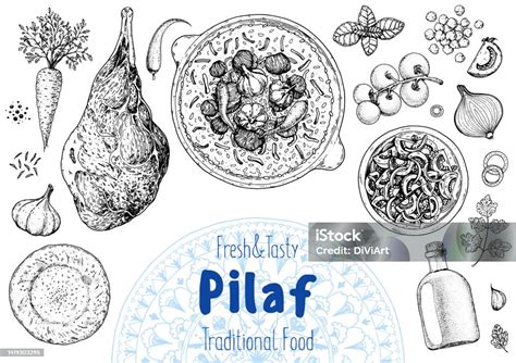필라프를위한 필라프 요리 및 재료 스케치 일러스트레이션 중동 요리 프레임 우즈베키스탄 음식 디자인 요소 손으로 그린 패키지