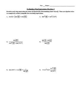 Evaluating Trig Expressions Practice By Megan Olson TPT