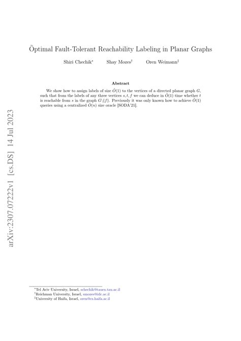 Pdf ~optimal Fault Tolerant Reachability Labeling In Planar Graphs