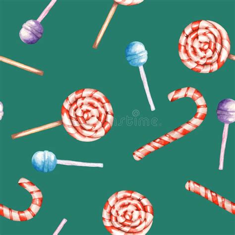 Безшовная сладостная картина с тросточкой леденца на палочке и конфеты акварели Покрашенный