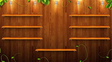 Wooden Shelf With Plants And Lights Wallpaper Зеленая лампа