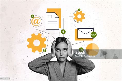 화가 난 소녀 손 보류 머리 작업 이메일 차트 책임 기어 휠 압력이 페인트 배경에 고립 된 복합 사진 콜라주 20 24세에 대한 스톡 사진 및 기타 이미지 Istock