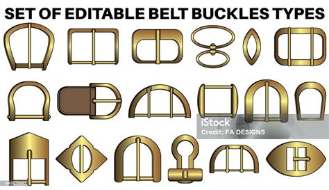 D 반지 및 벨트 버클 플랫 스케치 벡터 일러스트레이션 세트 프레임 버클 버그 버클 및 반지 버클 벨트 보석 드레스 패스너 및 의류 벨트에 대한 액세서리 가방에 대한 스톡