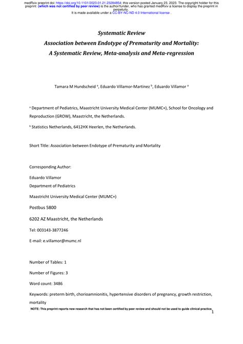 Pdf Association Between Endotype Of Prematurity And Mortality A