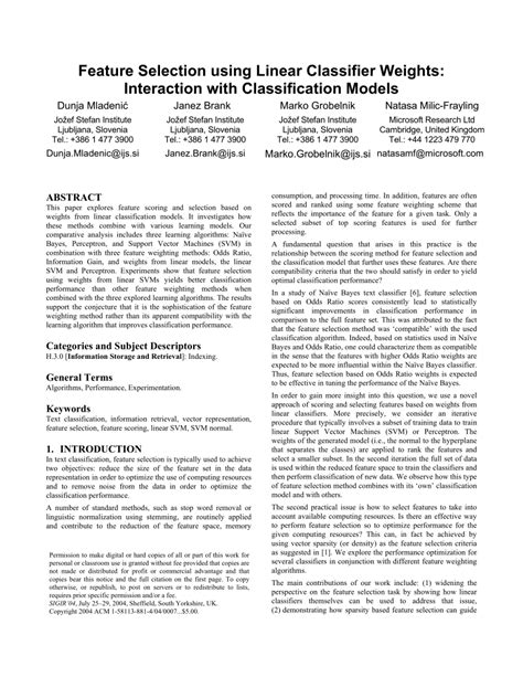 Pdf Feature Selection Using Linear Classifier Weights Interaction With Classification Models