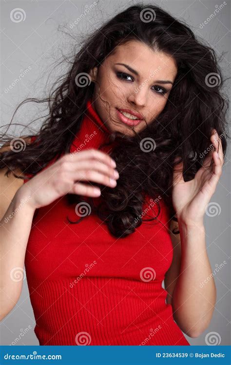 Attractive Curly Haired Brunette Smiling Stock Image Image Of Posing Beauty
