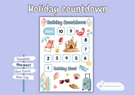 Holiday Countdown Printable Downloadable Instant Print Vacation