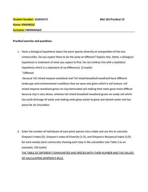 Practical 10 Student Number 222042575 Biol 102 Practical 10 Name
