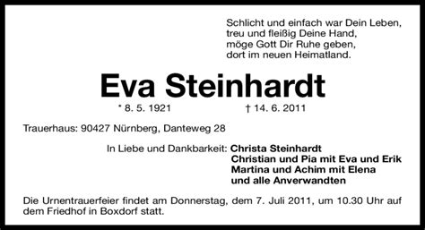 Traueranzeigen Von Eva Steinhardt Trauer Nn De