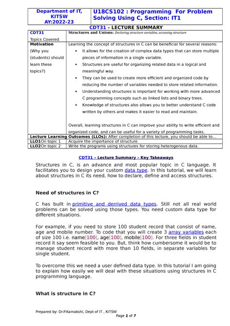 Cdt31 Very Important Notes Kitsw Ay2022 U18cs102 Programming For Problem Solving Using C