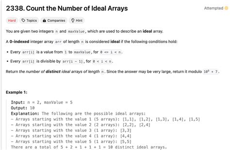 Leetcode 2338 Count The Number Of Ideal Arrays By Vikas Gogia Apr 2025 Medium