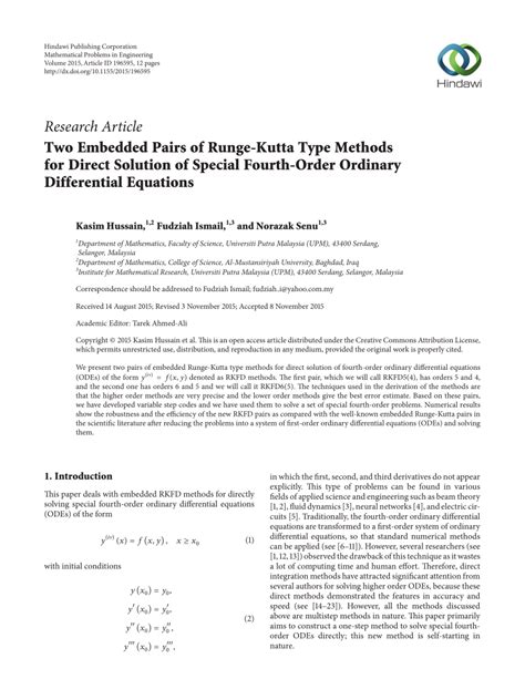 Pdf Two Embedded Pairs Of Runge Kutta Type Methods For Direct Solution Of Special Fourth Order