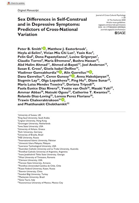 Pdf Sex Differences In Self Construal And In Depressive Symptoms Predictors Of Cross National