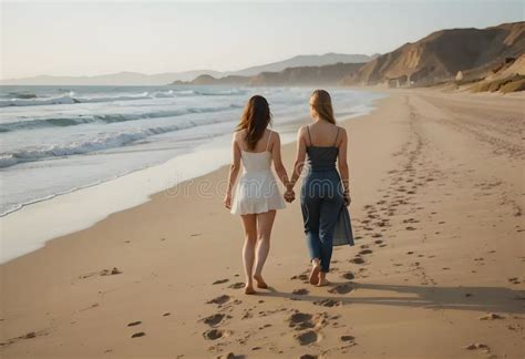 Two Women Holding Hands Walking Barefoot On A Beach With Waves And