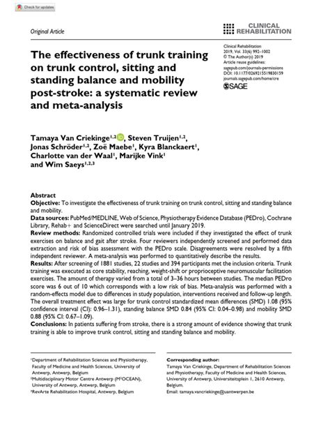 The Effectiveness Of Trunk Training On Trunk Control Sitting And Standing Balance And Mobility