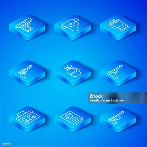 세트 라인 군용 탄약 상자 수류탄 총기 면허 증명서 Mauser 총 연기 리볼버 권총 또는 아이콘 벡터 3차원 형태에 대한 스톡 벡터 아트 및 기타 이미지 Istock