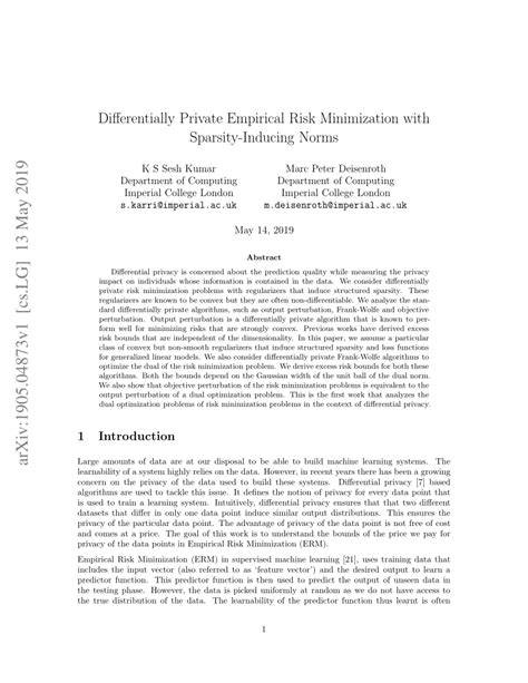 Pdf Differentially Private Empirical Risk Minimization With Sparsity Inducing Norms