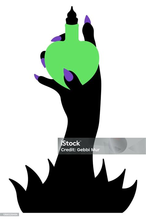 사랑 물약 하트 모양의 배를 들고 있는 마녀의 손실루엣 사랑 물약의 녹색 병 벡터 그림입니다 날카로운 보라색 손톱긴 손가락이 잔디 덤불에서 터져 나왔다 갇힌에 대한 스톡