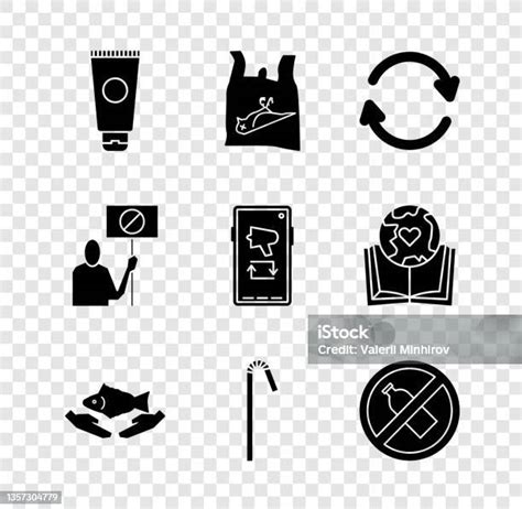 세트 크림 화장품 튜브 죽은 새 플라스틱 새로 고침 물고기 관리 음주 빨대 아니 병 자연 절약 항의와 모바일 아이콘에 메가 폰 벡터 검은색에 대한 스톡 벡터 아트 및 기타