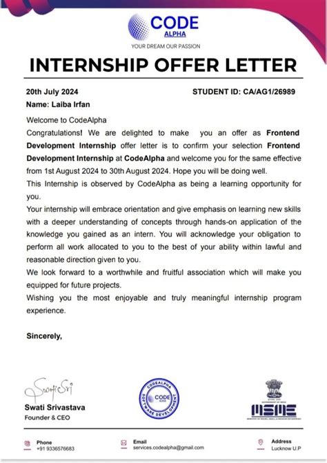 Laiba Irfan On Linkedin Thrilled To Start My Internship At Codealpha Looking Forward To