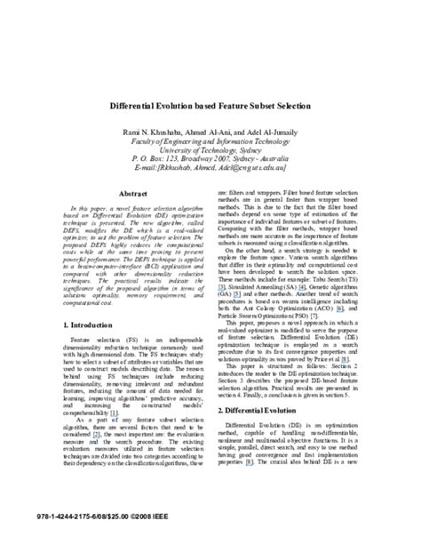 Pdf Differential Evolution Basedfeature Subset Selection