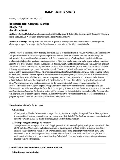 Bacillus Cereus Fda Bam Pdf Growth Medium Bacillus