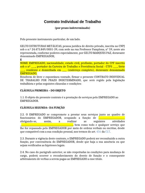 Modelo De Contrato Individual De Trabalho Pdf Hora Extra Expediente