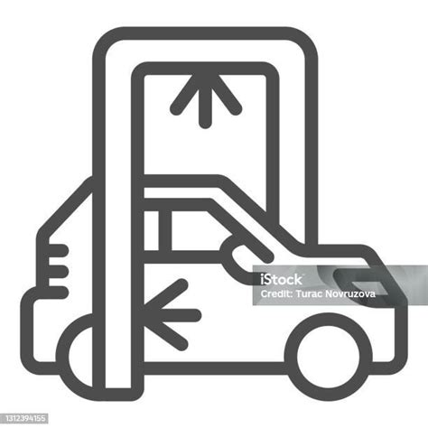 컨베이어 세차 라인 아이콘 세차 컨셉 흰색 배경에 자동 차량 스팀 클리닝 표지판 윤곽 스타일세차 아이콘으로 자동차를 세탁하는 과정 벡터 그래픽 검은색에 대한 스톡 벡터 아트